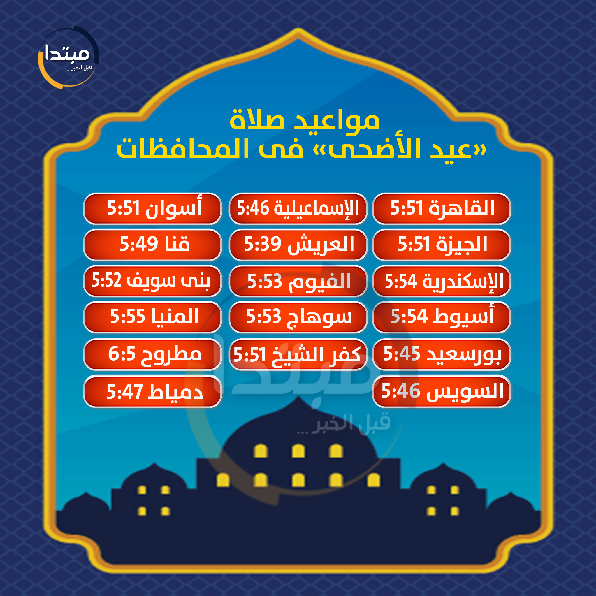إنفوجراف تعرف على مواعيد صلاة عيد الأضحى بالمحافظات مبتدا