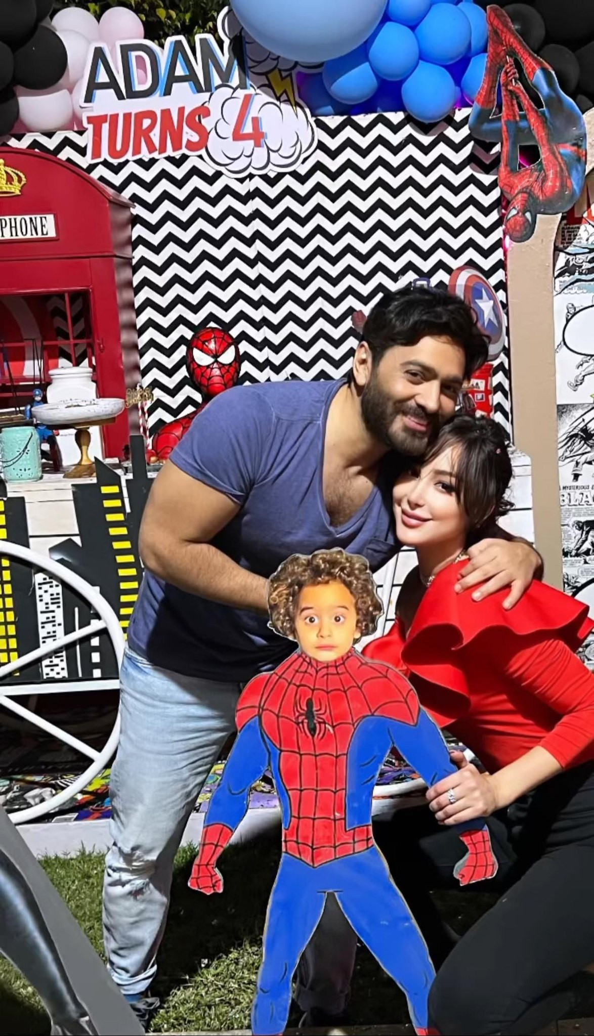 تامر حسنى وبسمة بوسيل يحتفلان بعيد ميلاد ابنهما آدم على طريقة سبايدر ...