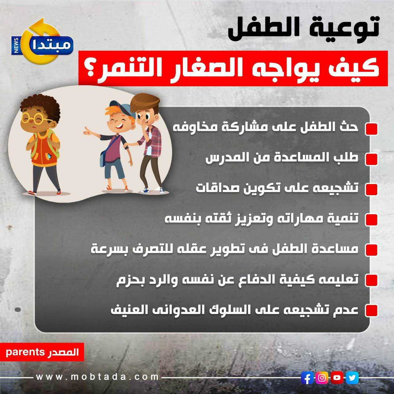 توعية الطفل.. كيف يواجه الصغار التنمر؟ (إنفوجراف) | مبتدا